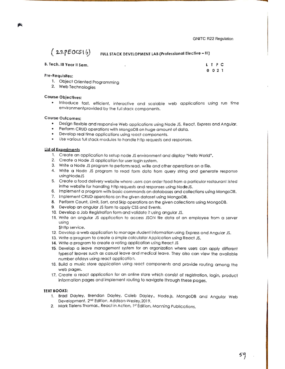 Full Stack Development Lab Syllabus (B.Tech II Sem, LTPC 0021) - Studocu