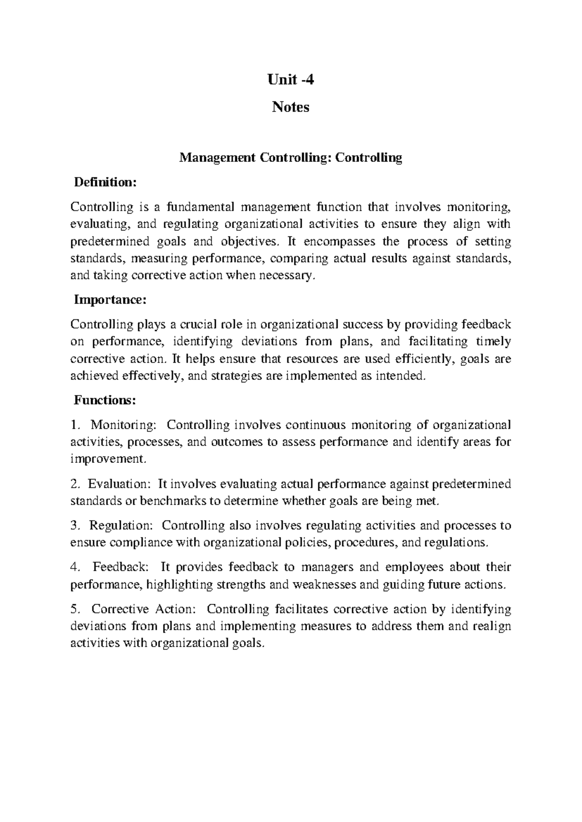 Unit-4 PME Notes: Principles of Management in Controlling - Studocu