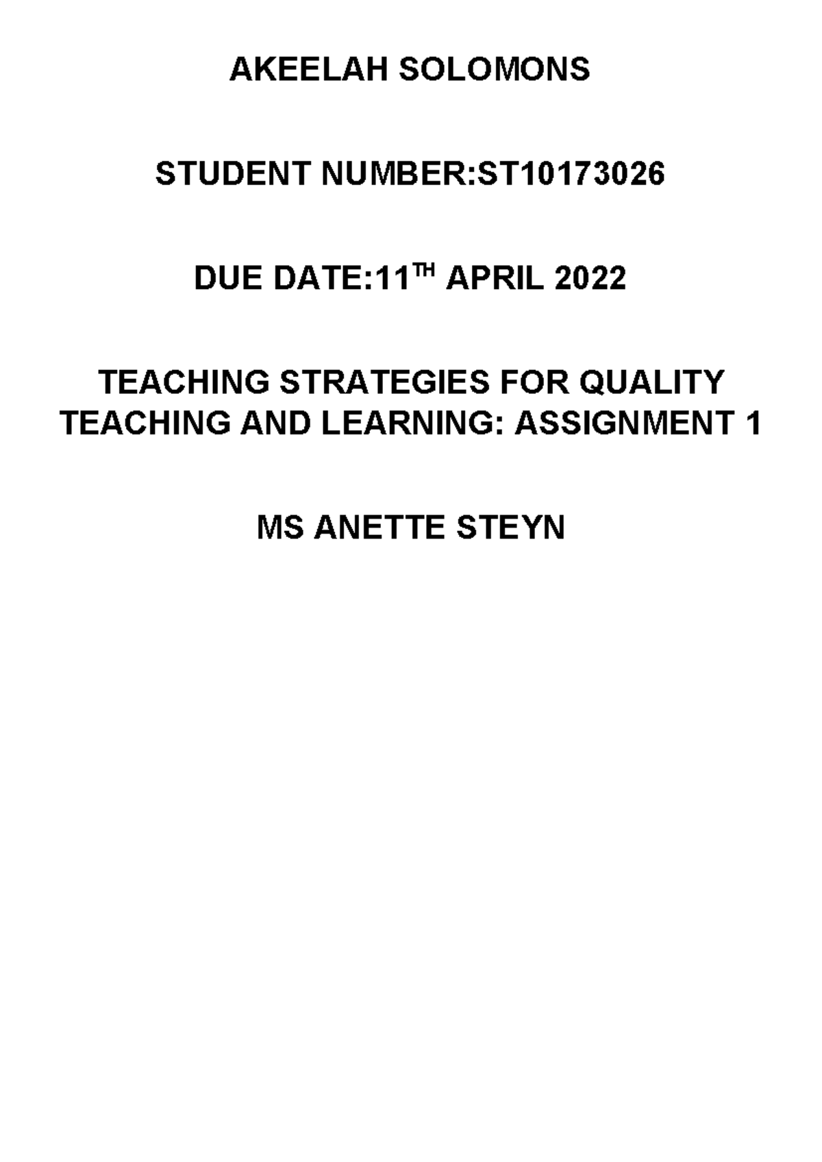 IPTL 101: Teaching Strategies for Quality Learning - Assignment 1 - Studocu