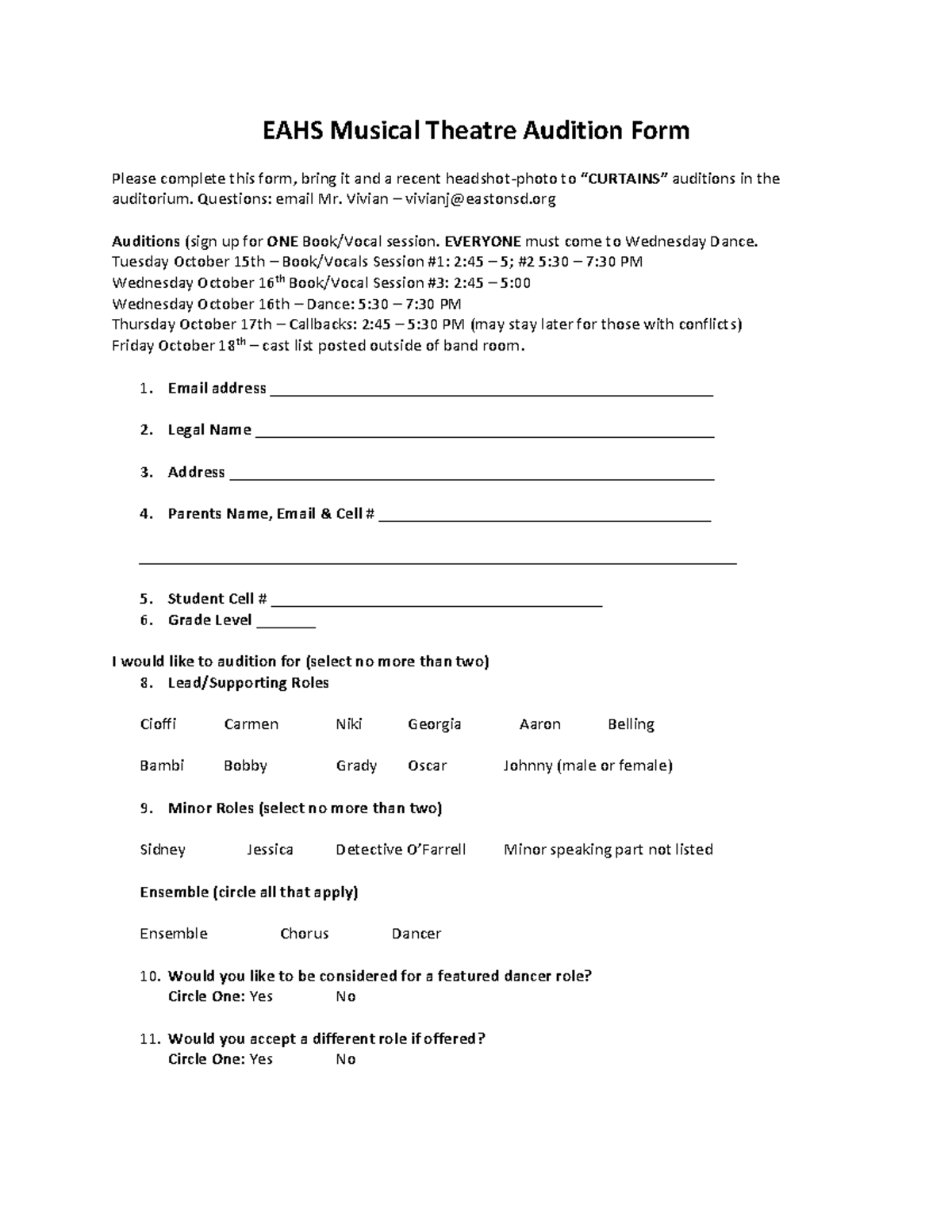 EAHS Musical Theatre Audition Form - Curtains Production - Studocu