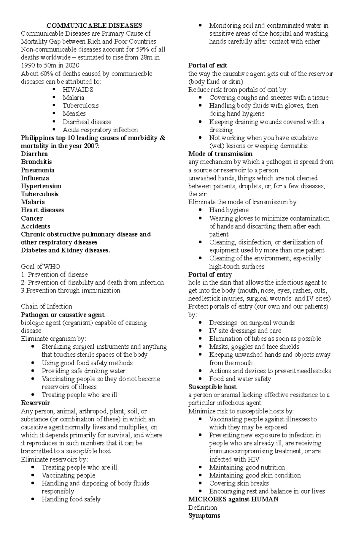 Communicable Diseases PNLE High Yield Study Notes - 2023 Edition - Studocu
