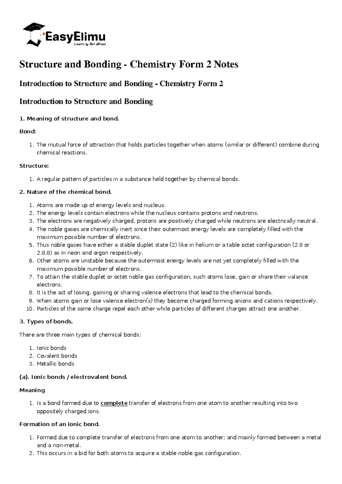 Structure and Bonding in Chemistry: Form 2 Comprehensive Notes - Studocu