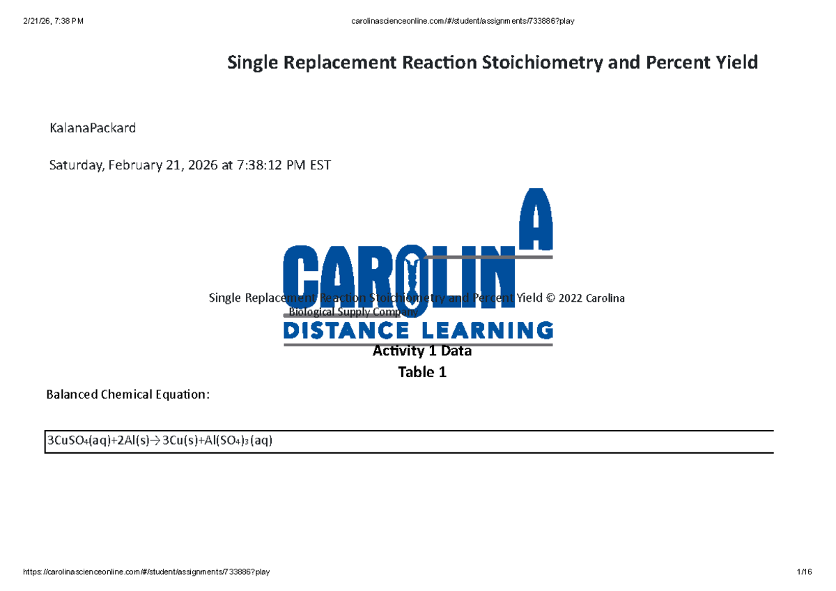 Chem Lab 1: Single Replacement Reaction Stoichiometry & Yield Analysis ...