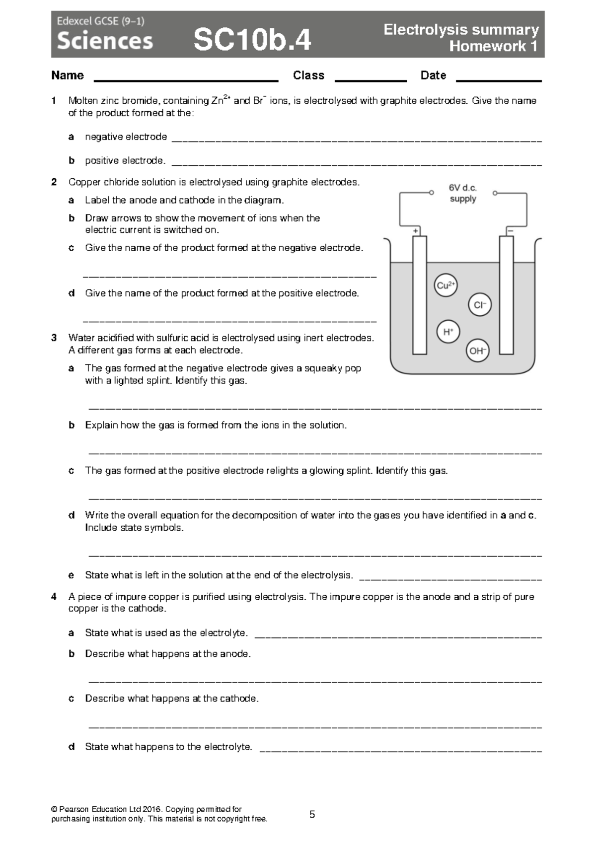 SC10b Electrolysis Homework 1 - Detailed Worksheet and Questions - Studocu