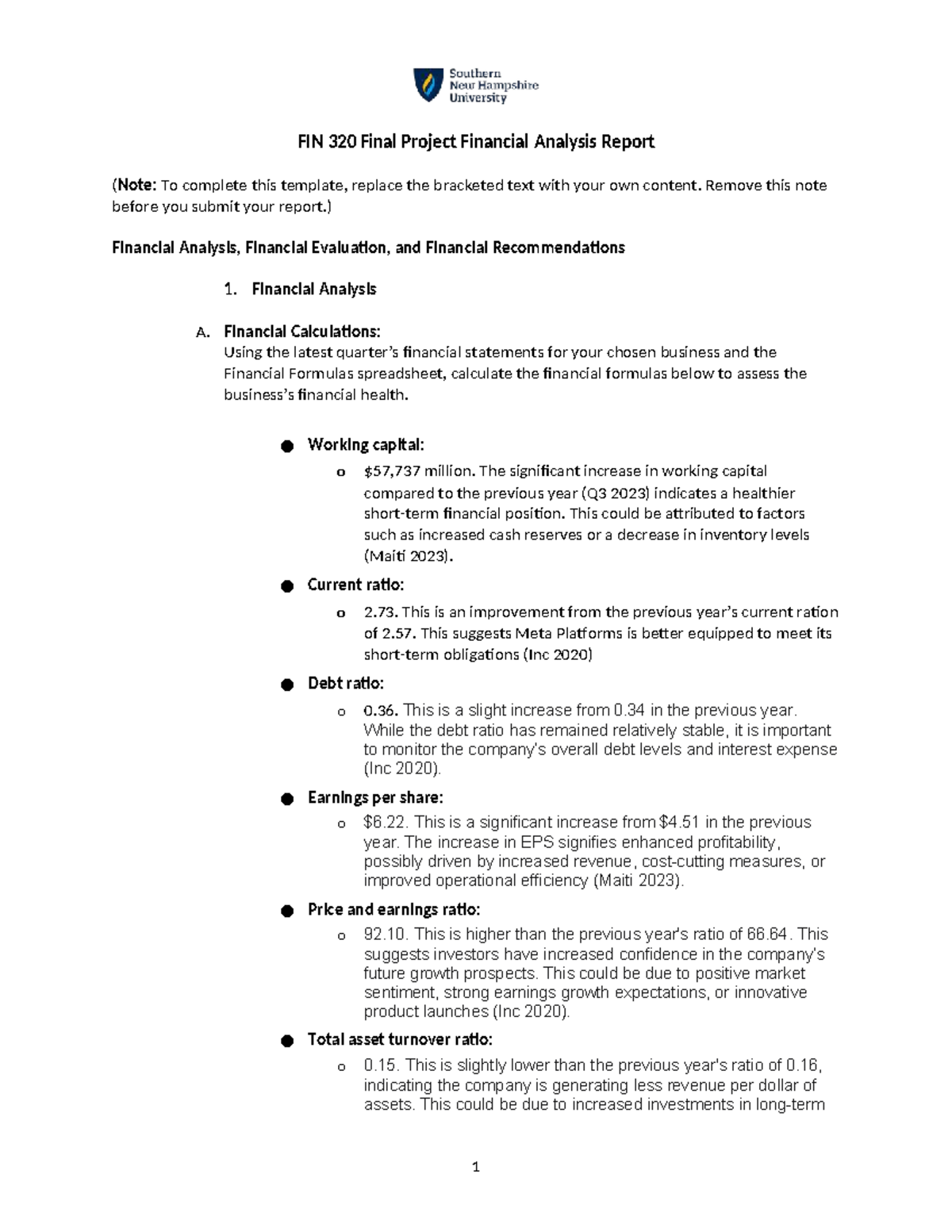 FIN 320 Final Project: Comprehensive Financial Analysis Report - Studocu
