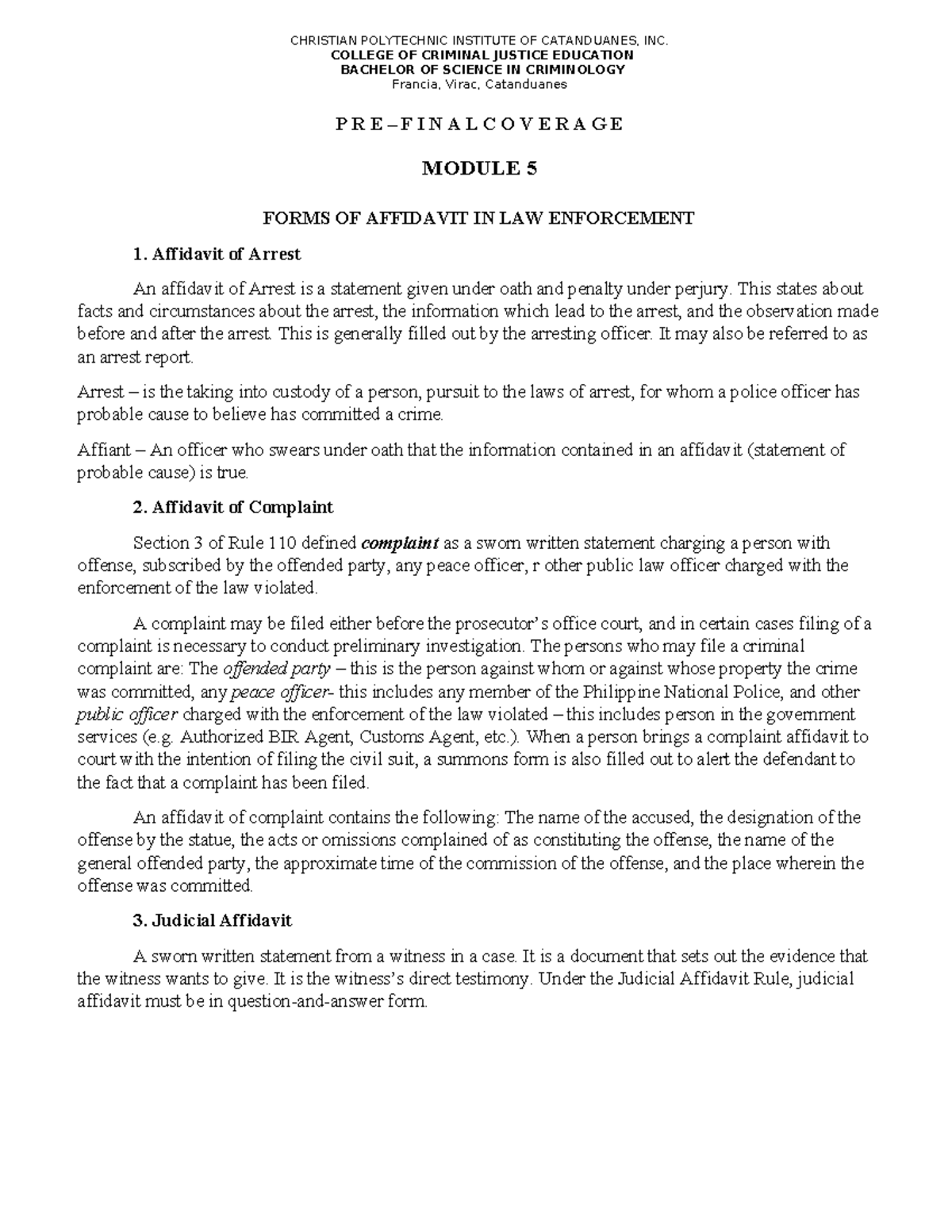 CDI 8 Module 5 - Overview of Affidavits and Depositions in Law - Studocu