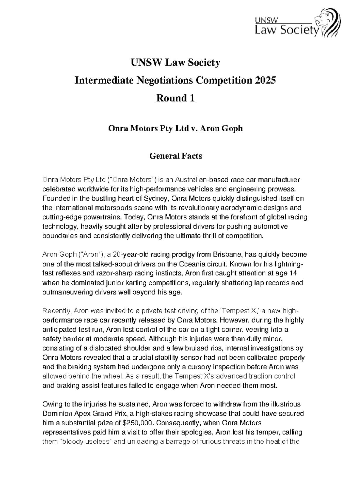 UNSW Law Society Intermediate Negotiations Comp 2025: Onra v. Aron Case ...