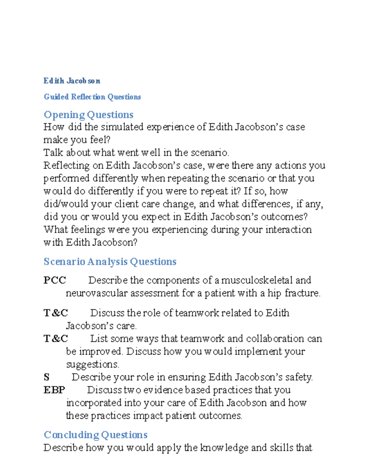 Edith Jacobson Case Study Reflection for Nursing Fundamentals - Studocu
