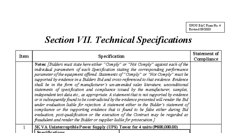 UPOU BAC Form No. 4 Revised: Updated Technical Specs for UPS - Studocu