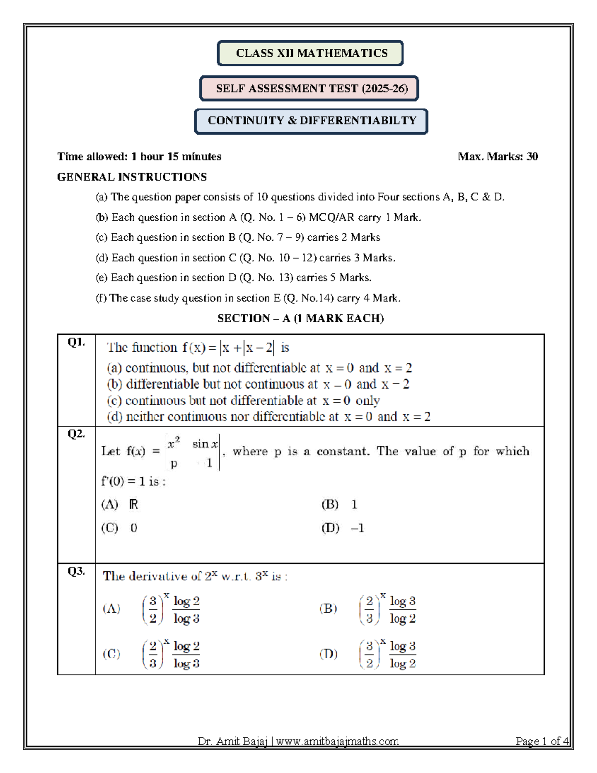 CLASS XII MATHEMATICS SELF-ASSESSMENT TEST: CONTINUITY ...