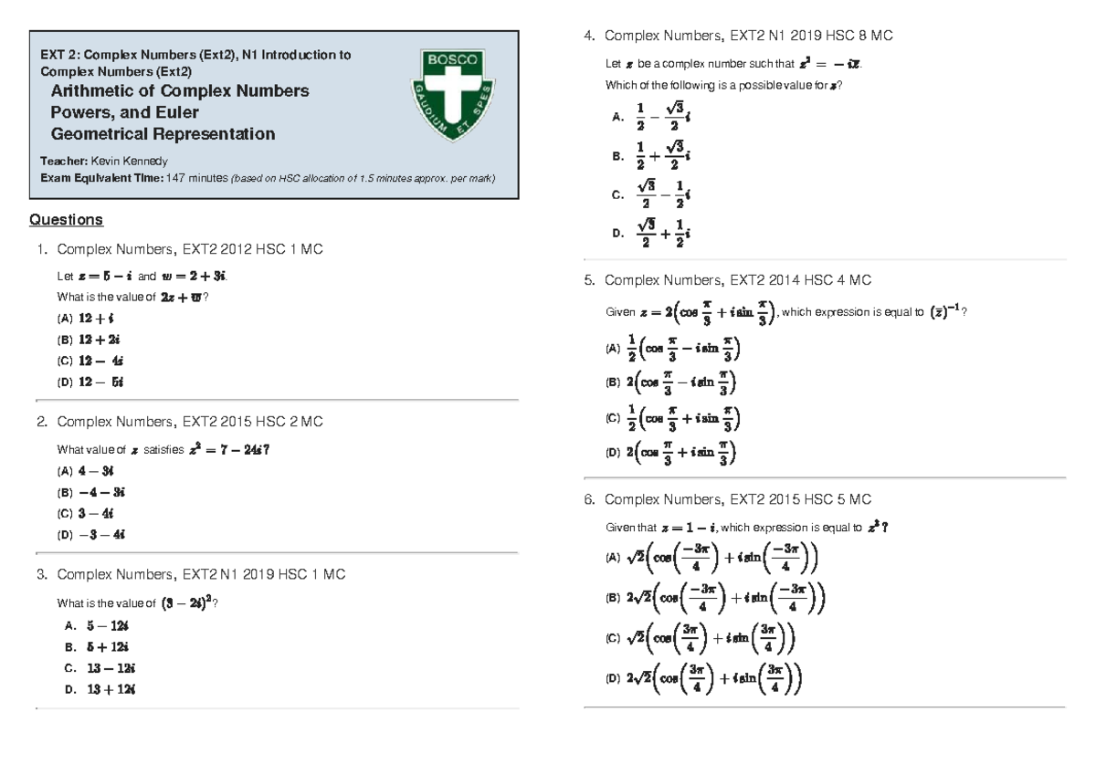 Complex Numbers, EXT2 HSC Questions and Worked Solutions - Studocu