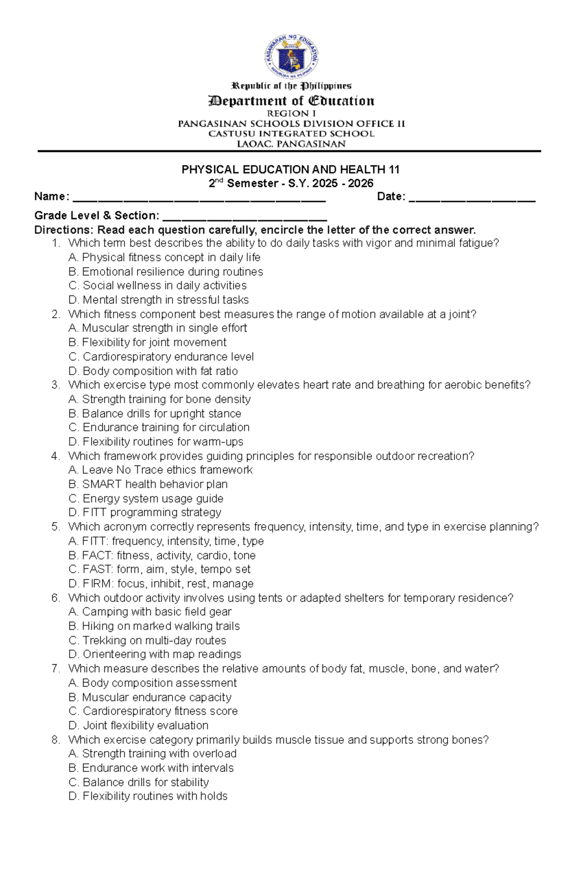 PE 12 - 2nd Semester Exam Review and Practice Questions - Studocu