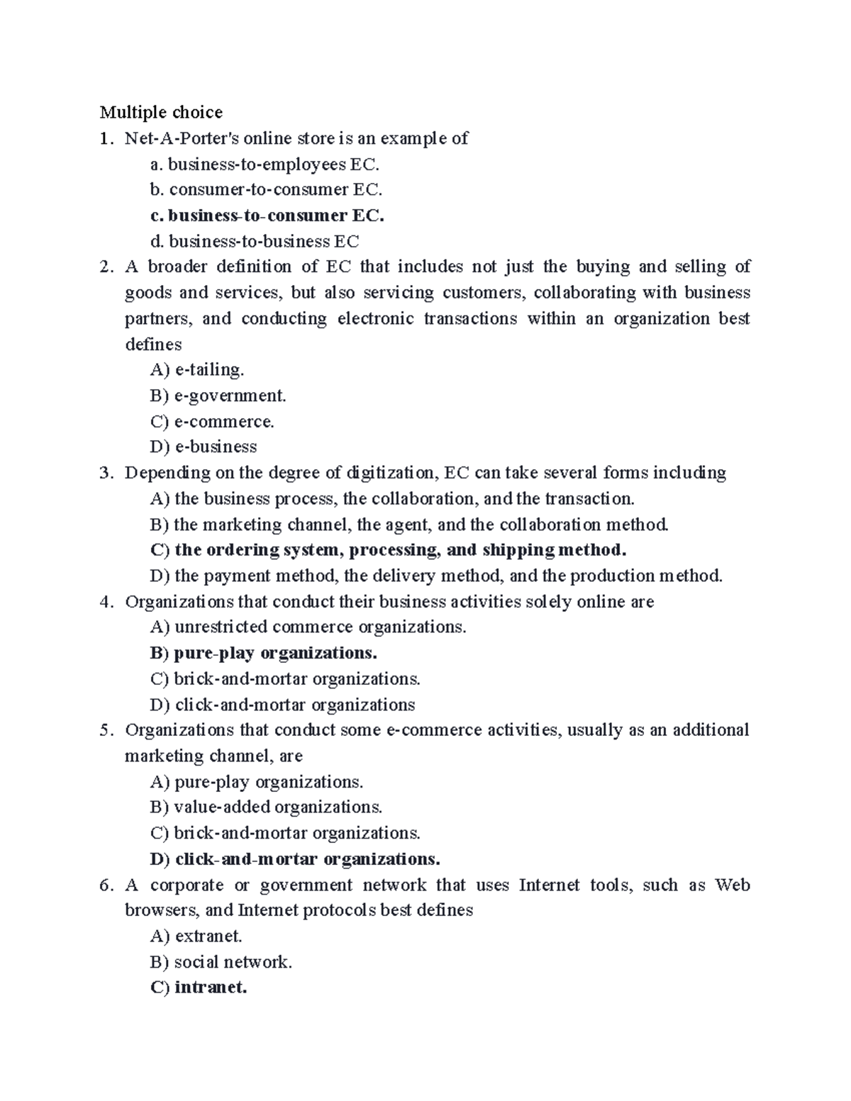 EC - Multiple Choice Questions on Electronic Commerce Concepts - Studocu