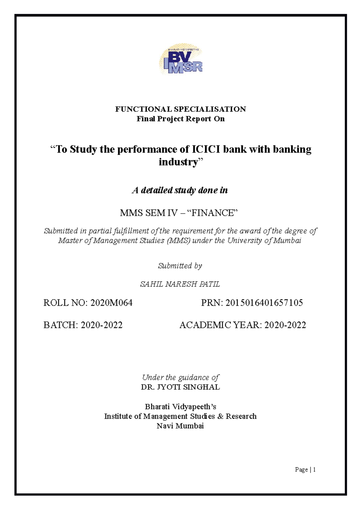 MMS SEM IV – Final Project Report: Performance Study of ICICI Bank ...