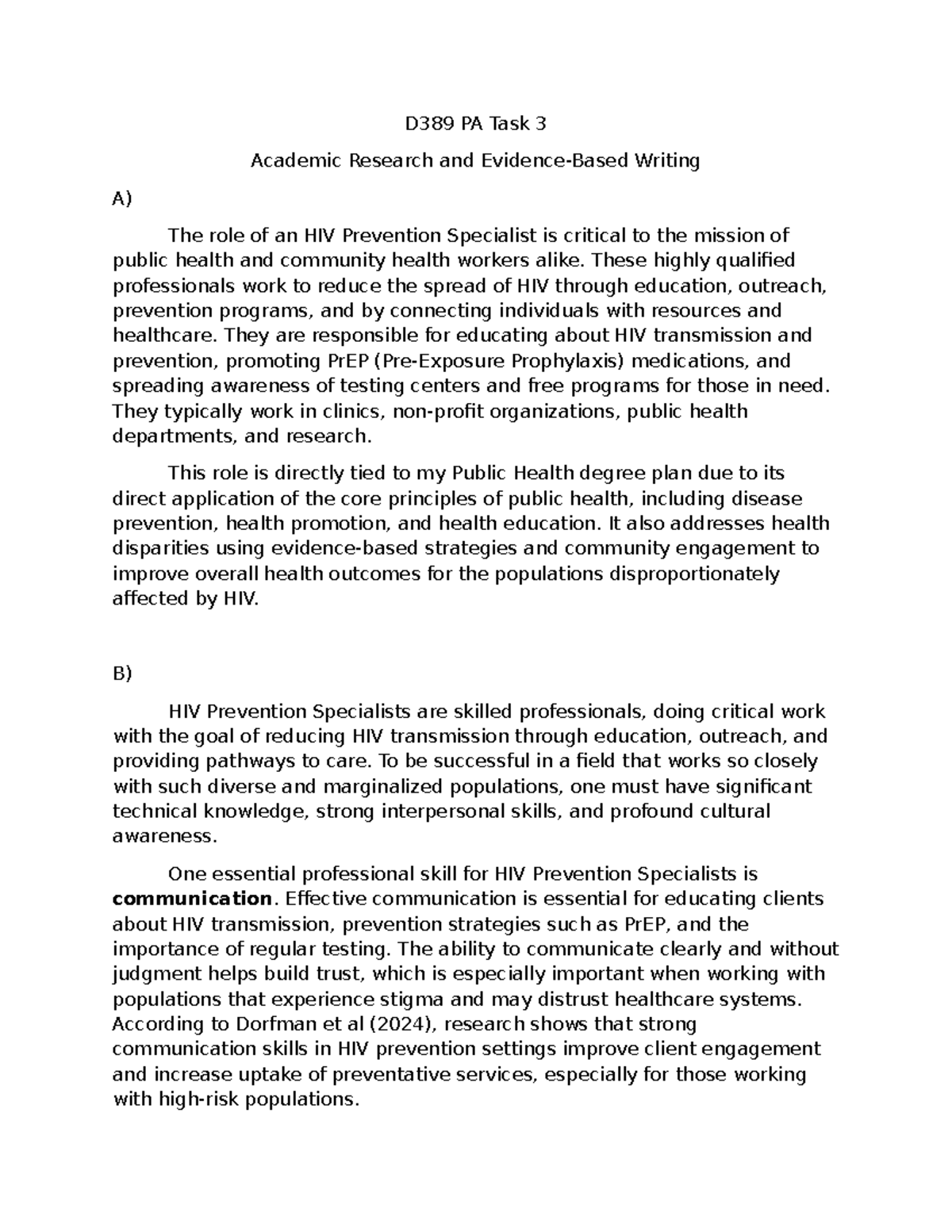 D389 PA Task 3 - The Essential Role of HIV Prevention Specialists - Studocu