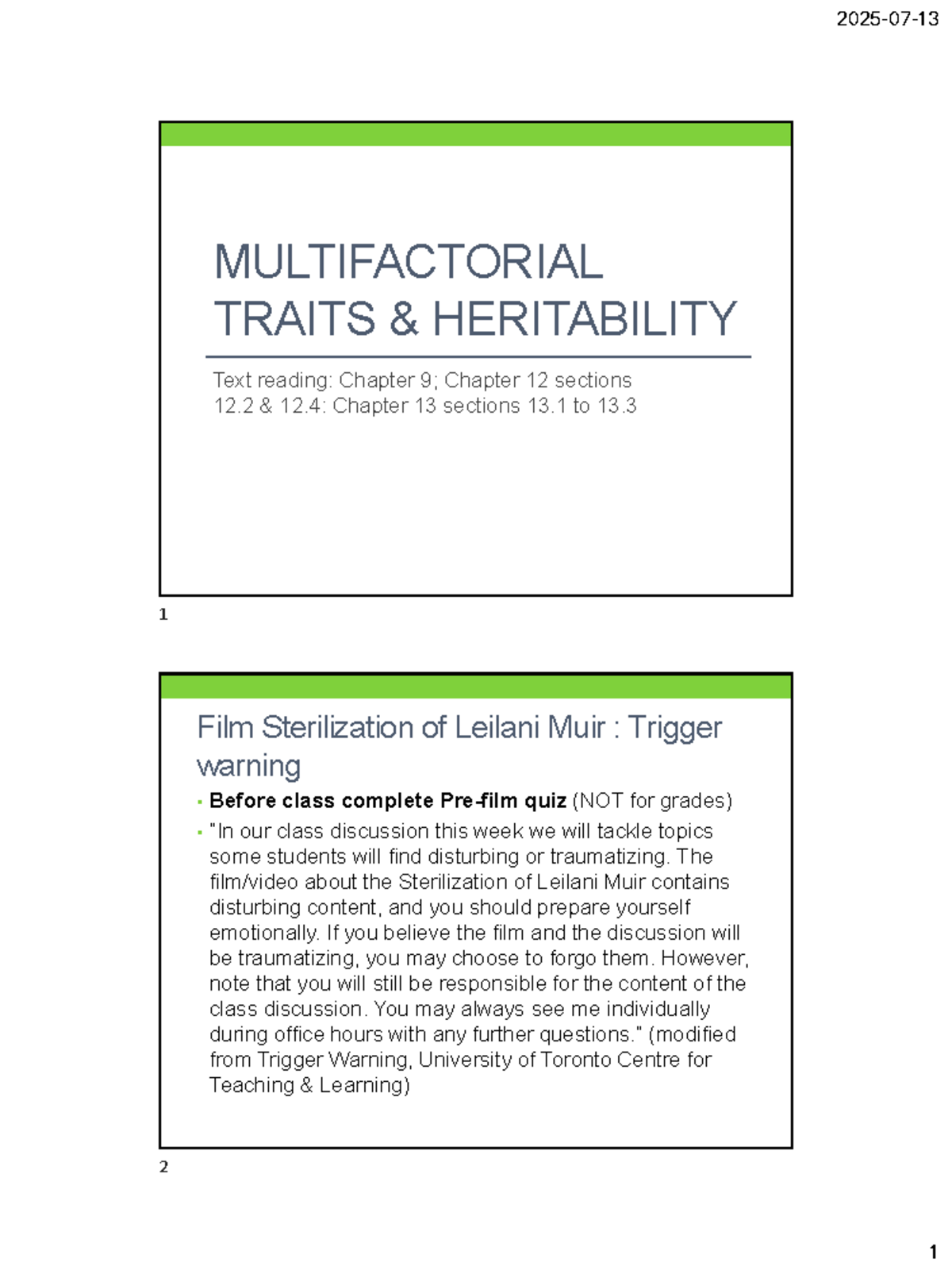 BioA11 Lecture: Multifactorial Traits & Heritability Insights - Studocu