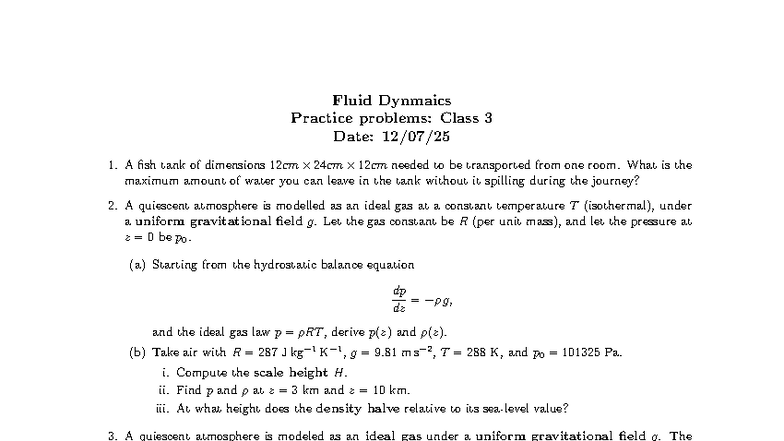 Fluid Dynamics Practice Problems: Class 3 Analysis and Solutions - Studocu