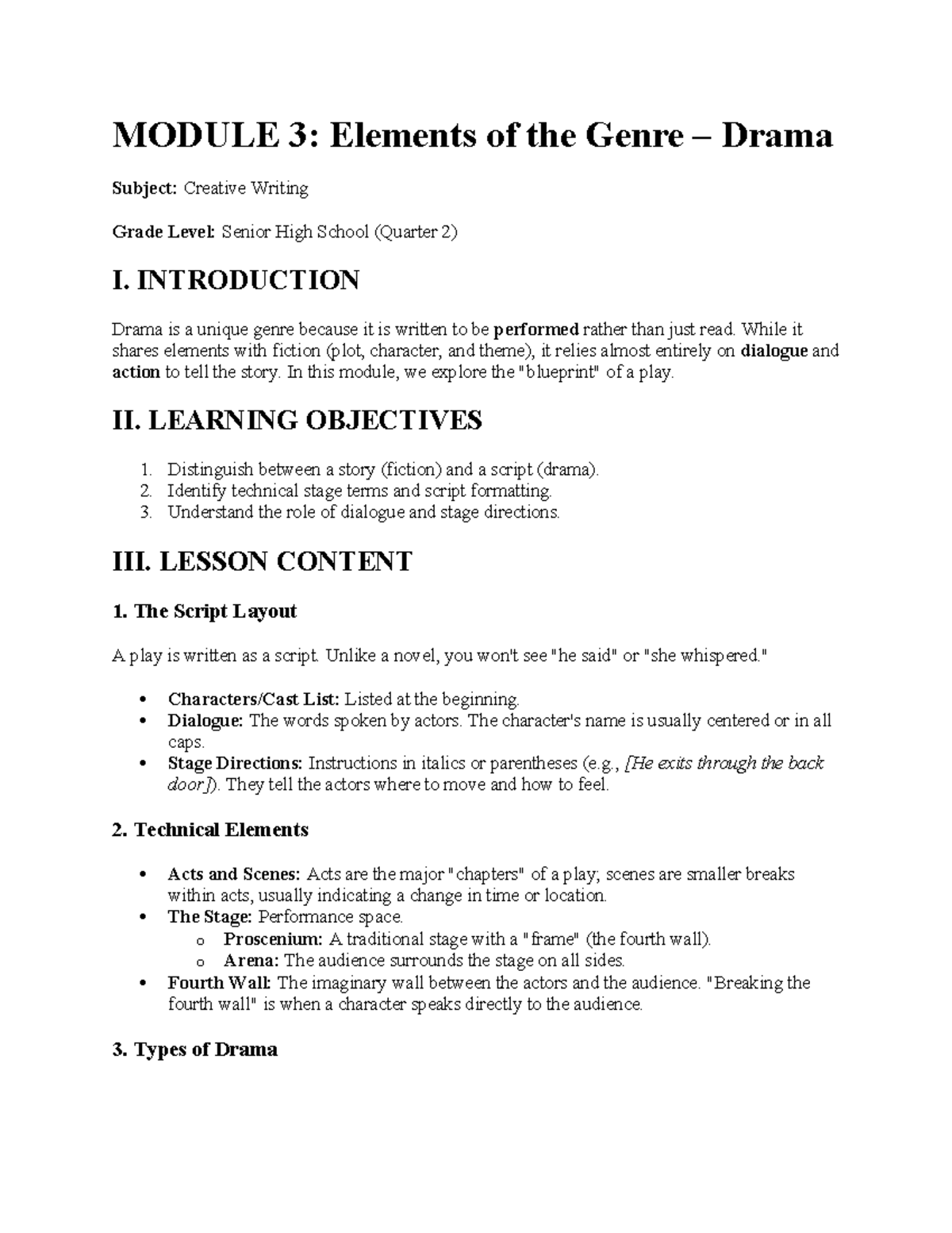 Creative Writing: Module 3 - Elements of Drama (Grade 12) - Studocu