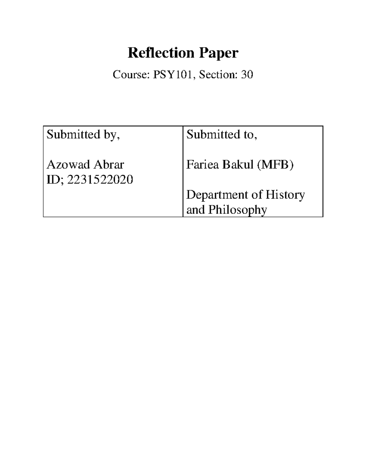 Reflection Paper PSY101 - Reflection Paper Course: PSY101, Section: 30 ...