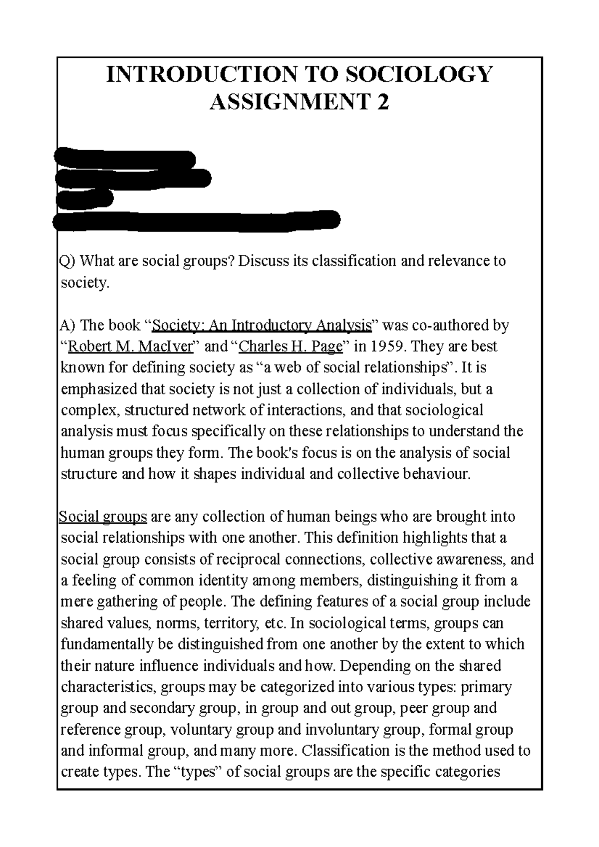 SOCIOLOGY ASSIGNMENT 2: CLASSIFICATION & RELEVANCE OF SOCIAL GROUPS ...