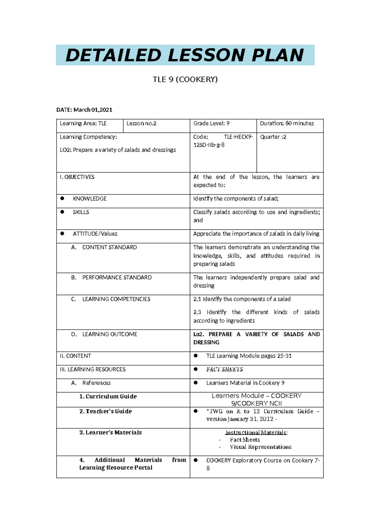 TLE 9 - Detailed Lesson Plan: Exploring Salads & Dressings Overview ...