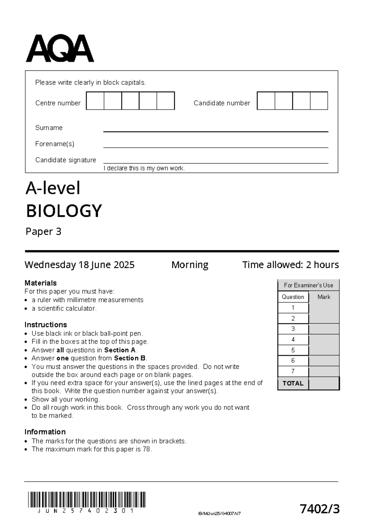AQA A Level Biology Paper 3 Exam - June 2025 - Studocu