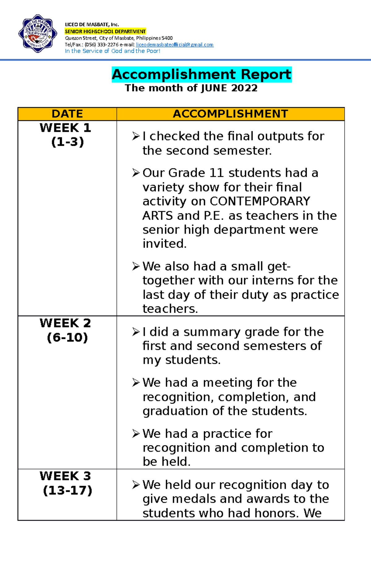 Accomplishment Report for June 2022 - Liceo de Masbate SHS - Studocu