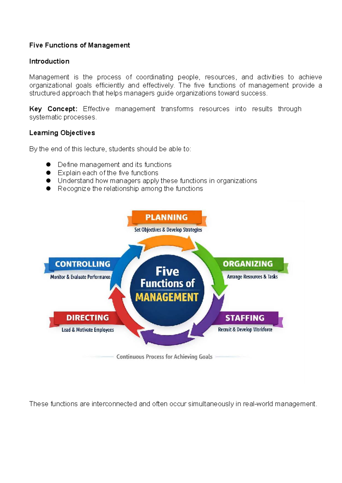 Overview of the 5 Functions of Management - Lecture Notes - Studocu