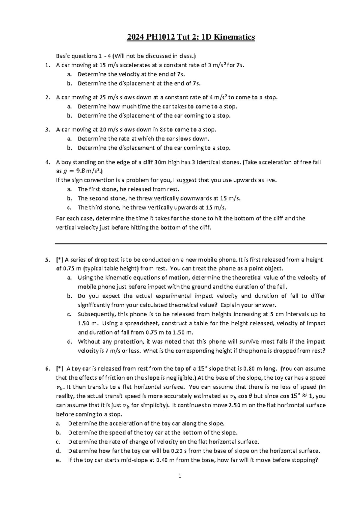 2024 PH1012 Tut 2 - Tut 2 for practice - 1 2024 PH1012 Tut 2 : 1D ...