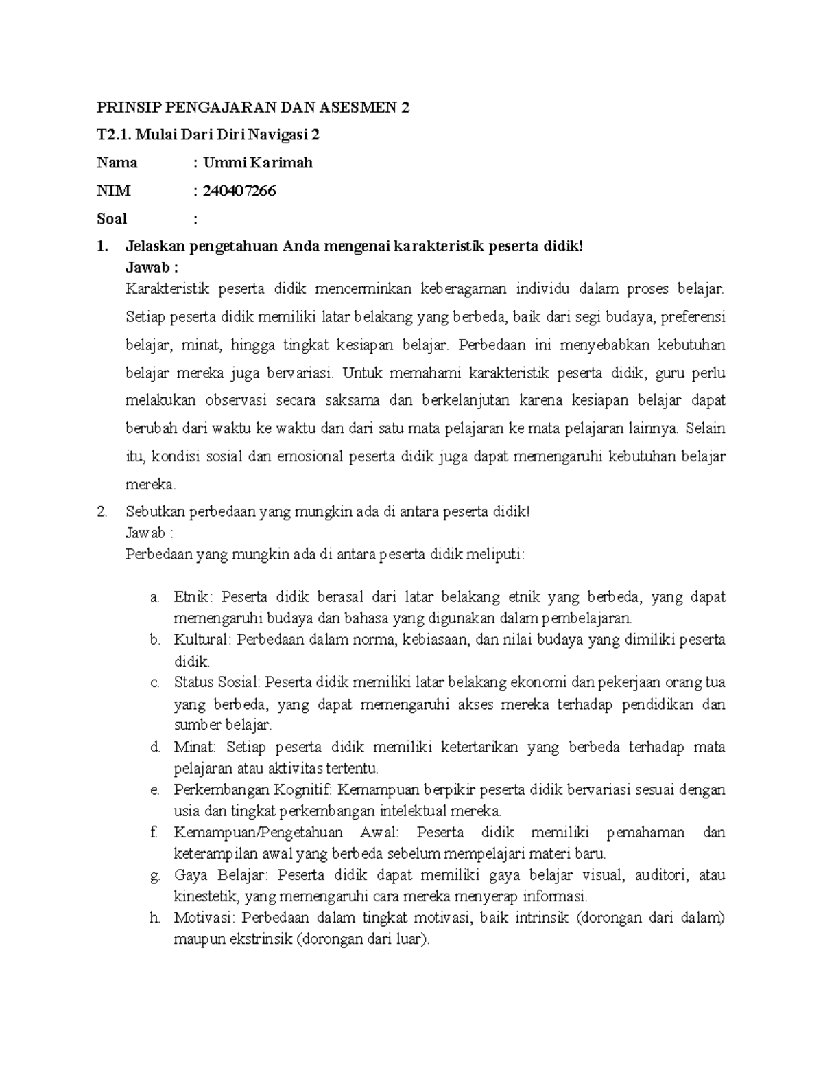 Pengajaran Berdifferensiasi dan Karakteristik Peserta Didik - PPA 2 - Studocu