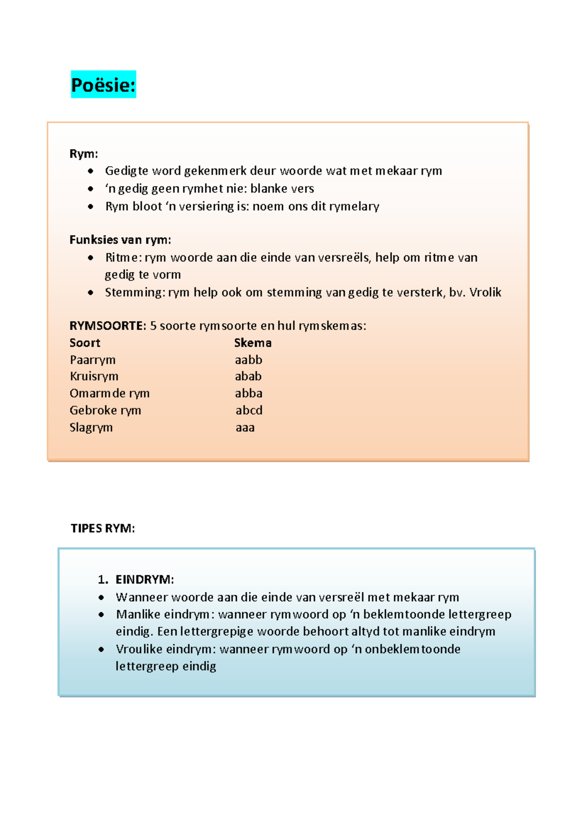 Poësie: Rym en Funksies van Gedigte in Afrikaans - Studocu