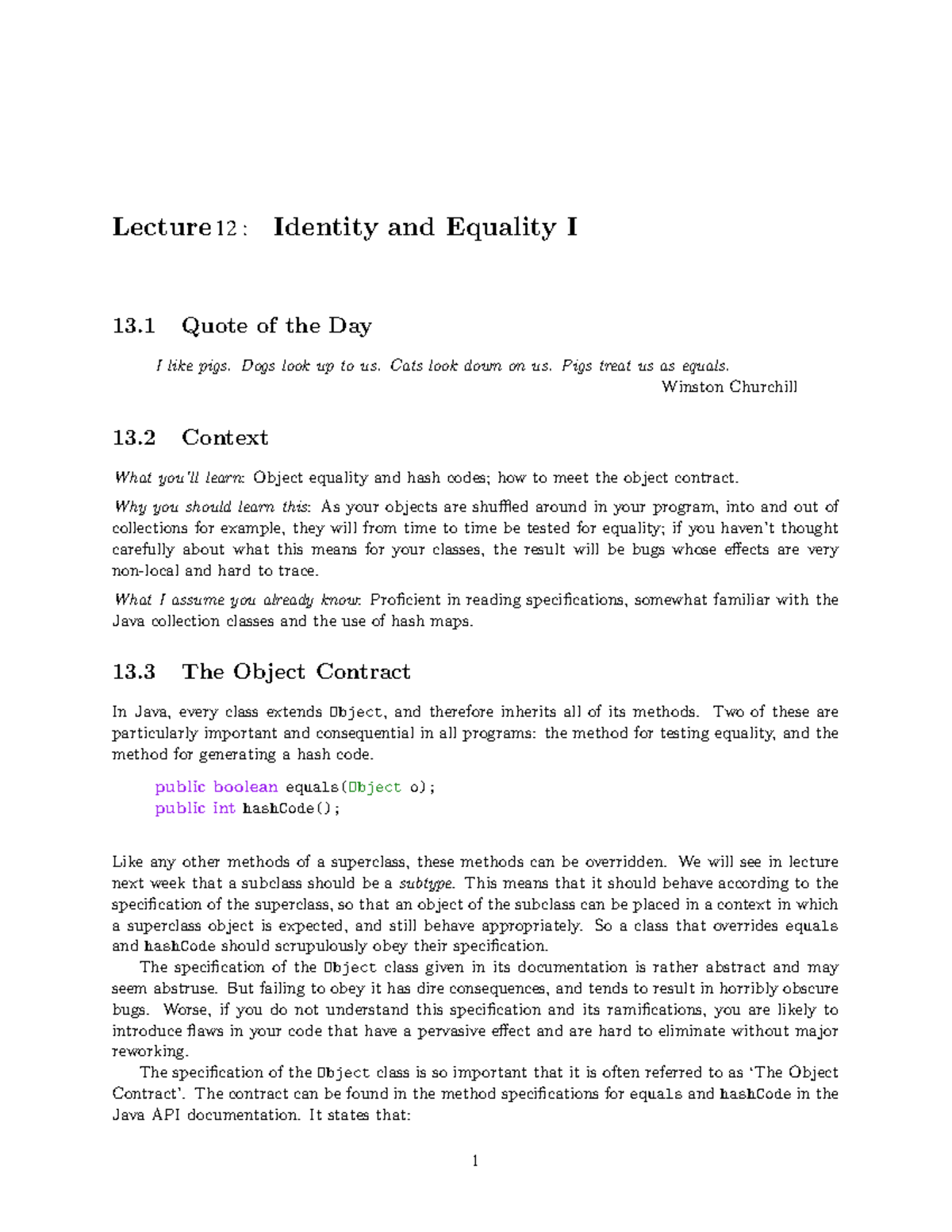 Lecture12 : Identity and Equality - Lecture 12 : Identity and Equality ...