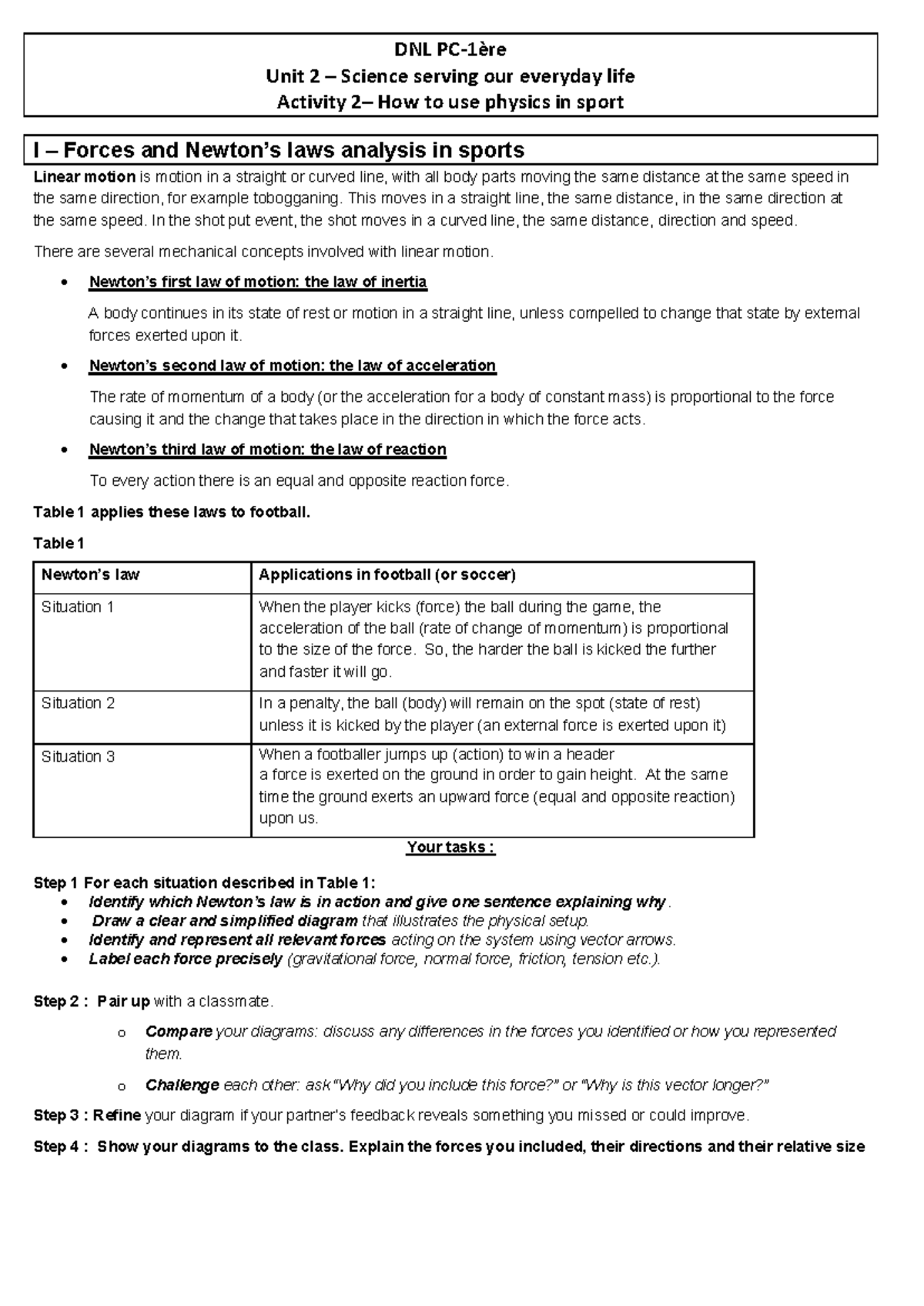 DNL Unit 2 Activity 2: Physics in Sports - Forces & Laws Analysis - Studocu
