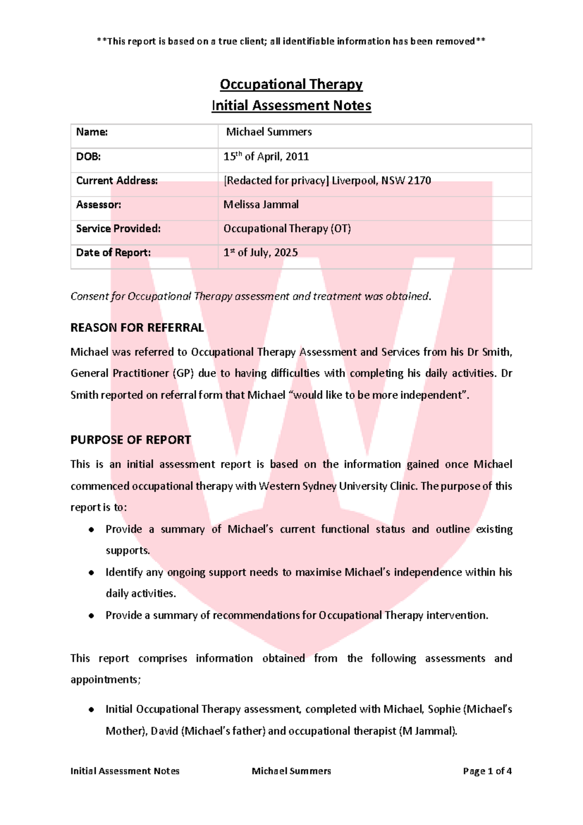 OT Initial Assessment Notes for Michael Summers (DOB: 15/04/2011) - Studocu