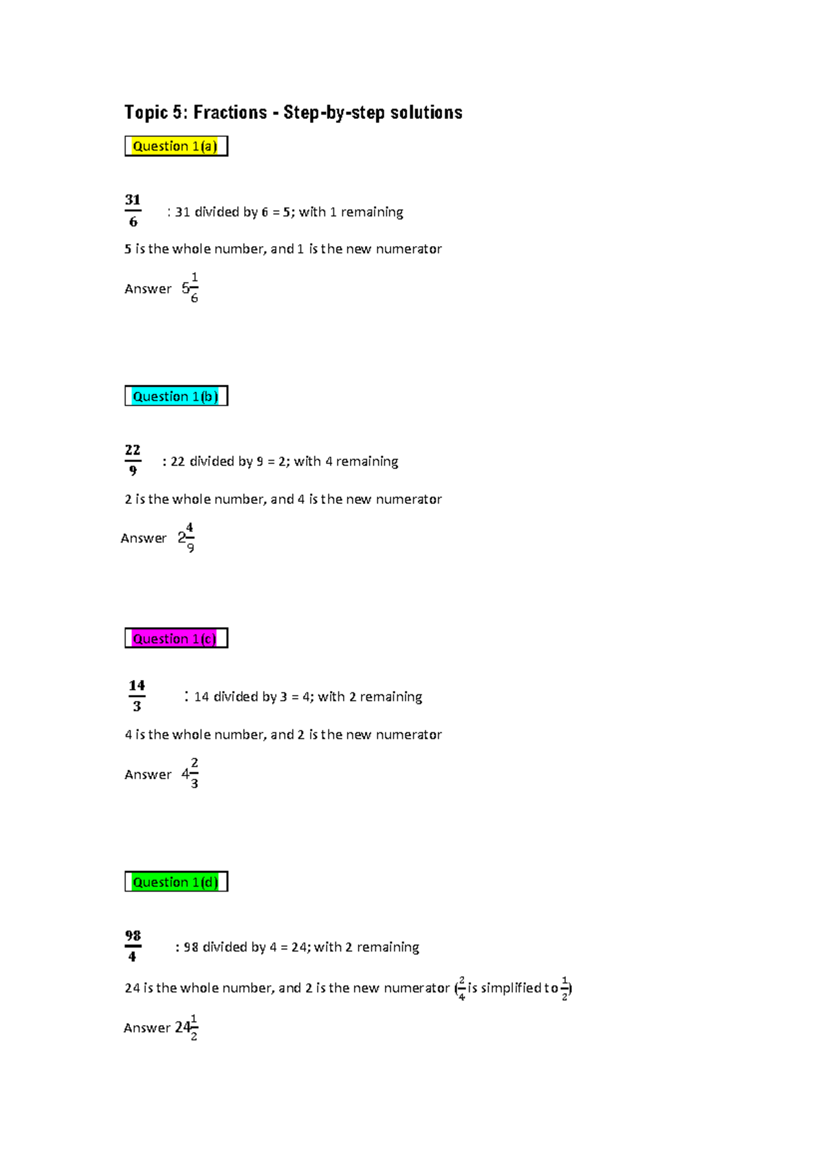 Topic 5: Fractions Step-by-Step Solutions - Studocu