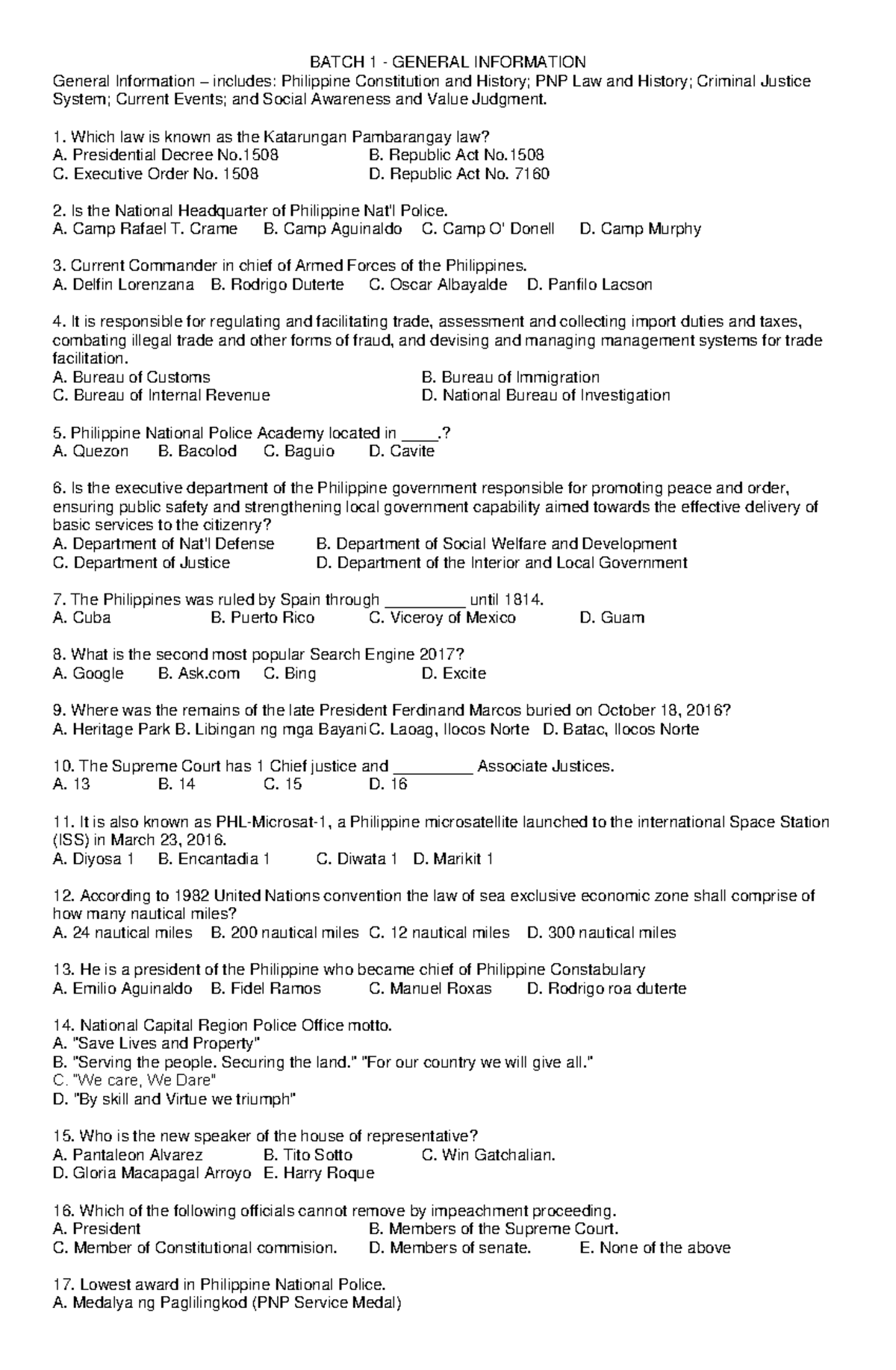 Batch 1 General Information Questionaire 1 300 - BATCH 1 - GENERAL ...