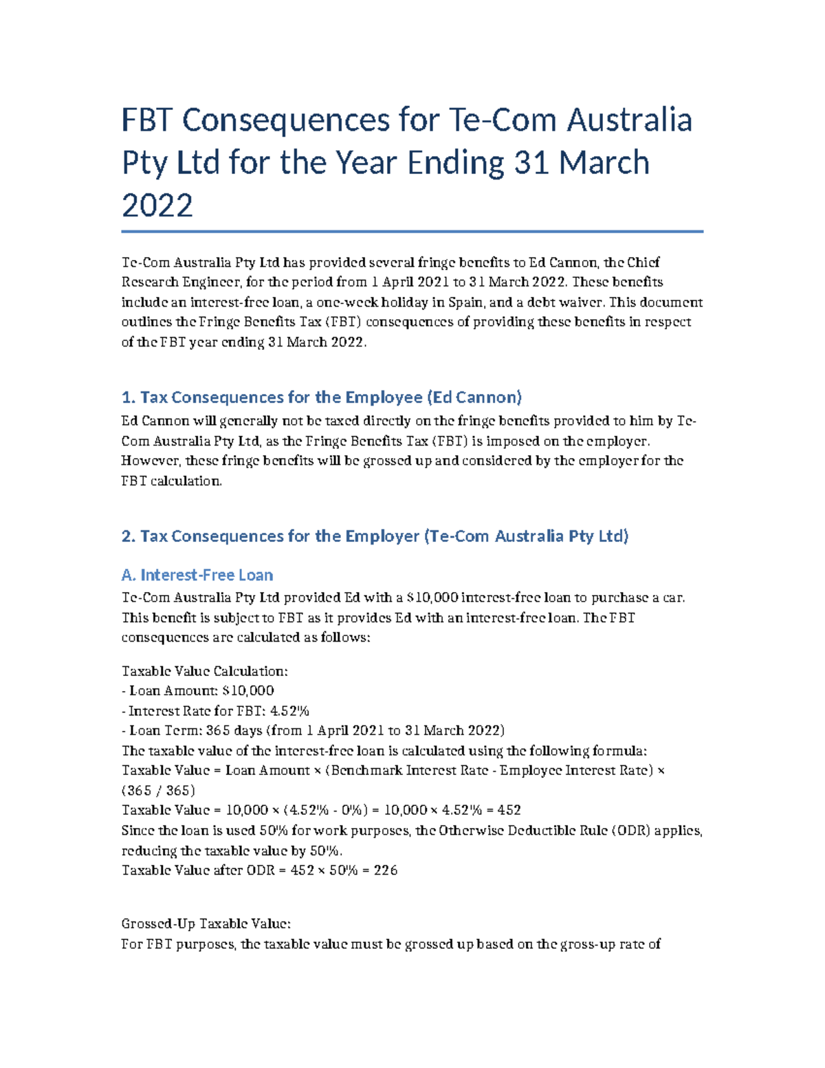 FBT Consequences for Australia Pty Ltd: Year Ending 31 March 2022 - Studocu
