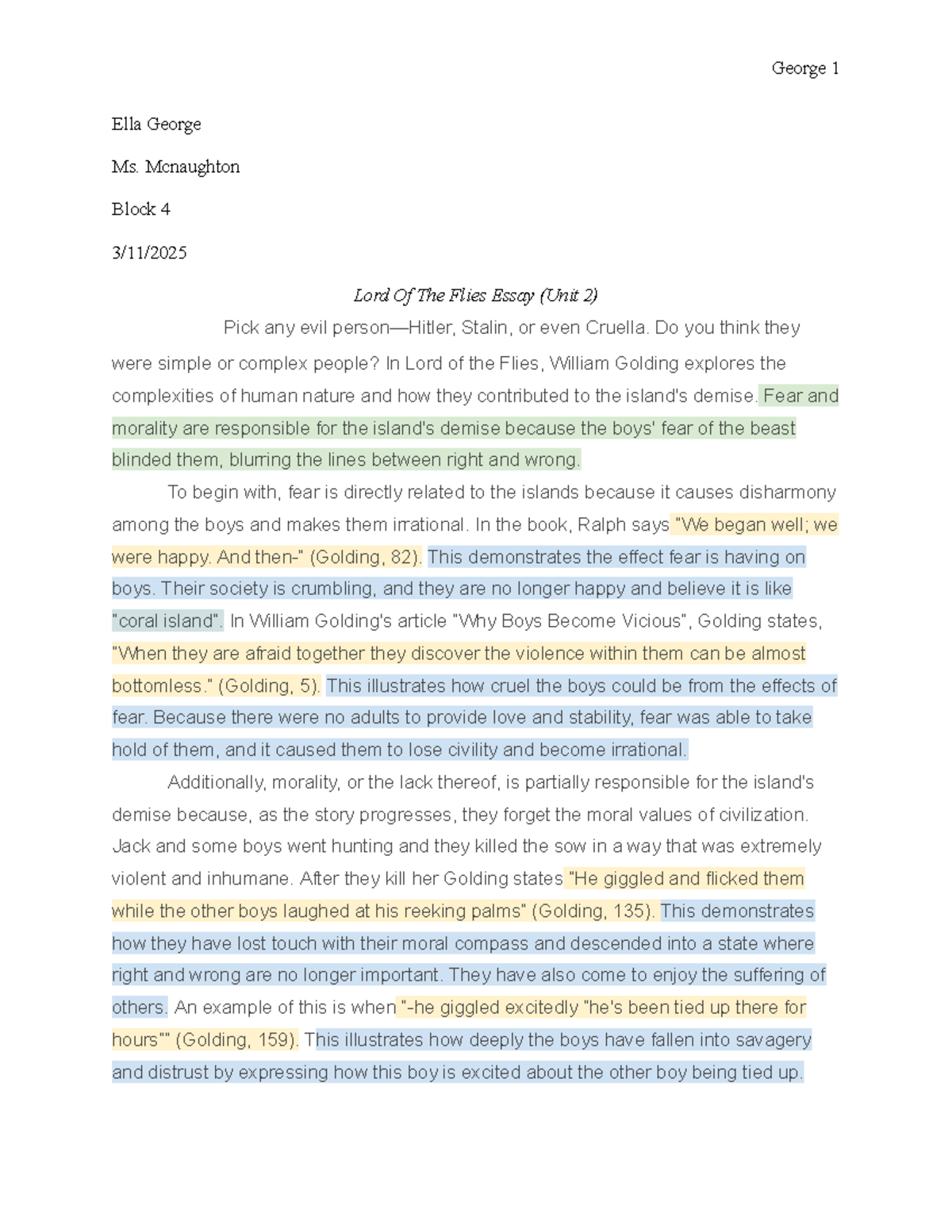 ENG 2 Lord of the Flies Essay: The Role of Fear and Morality - Studocu