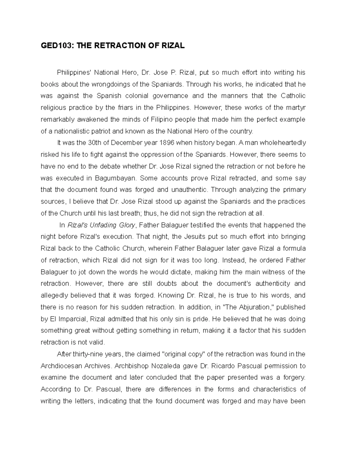 Rizal's Retraction Analysis: Key Points and Historical Context - Studocu