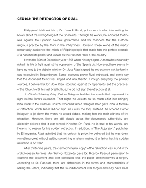 JOSE- Rizal - Retraction - PRO-RETRACTION KEYPOINTS Standard Comparison ...