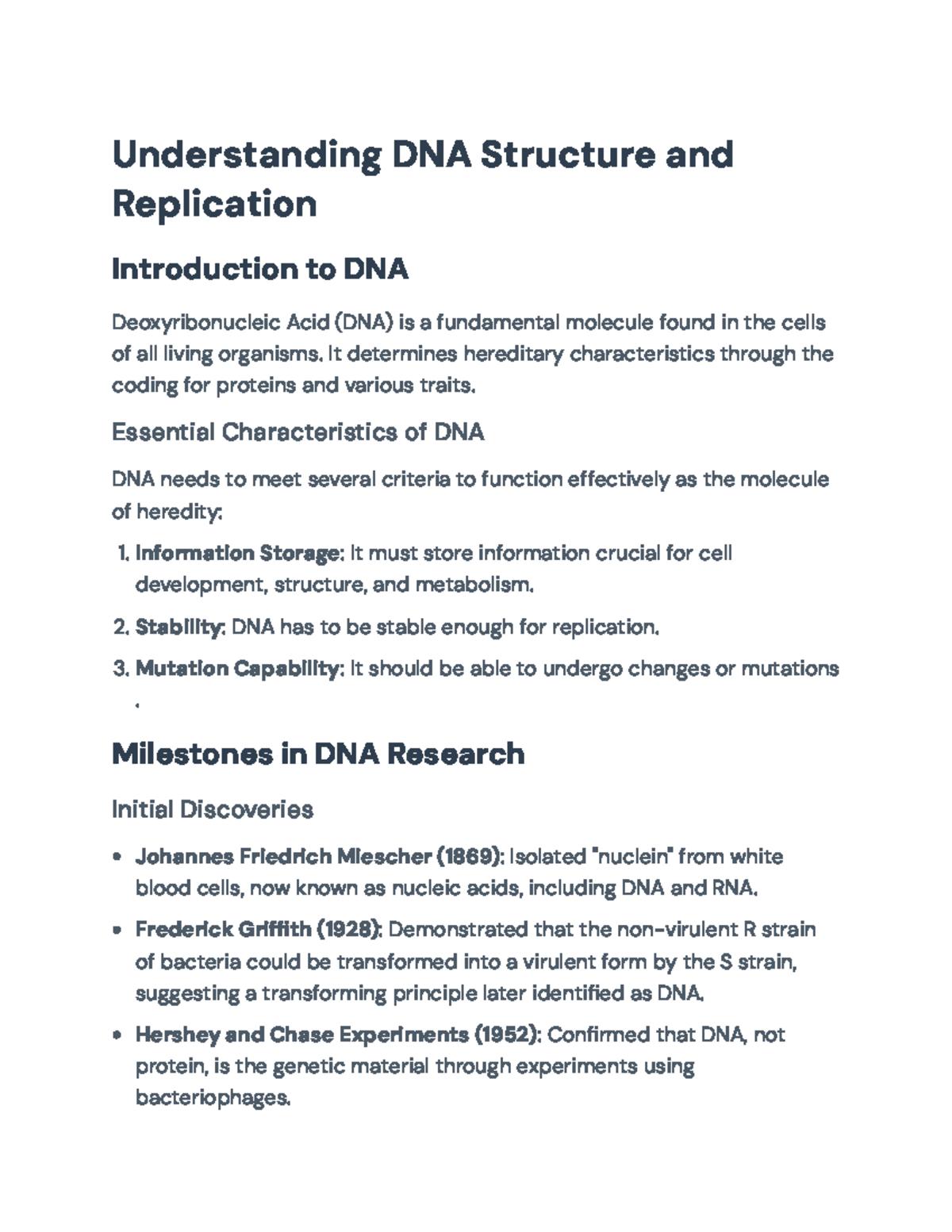 DNA Structure and Replication Overview: Key Concepts and Milestones - Understanding DNA ...