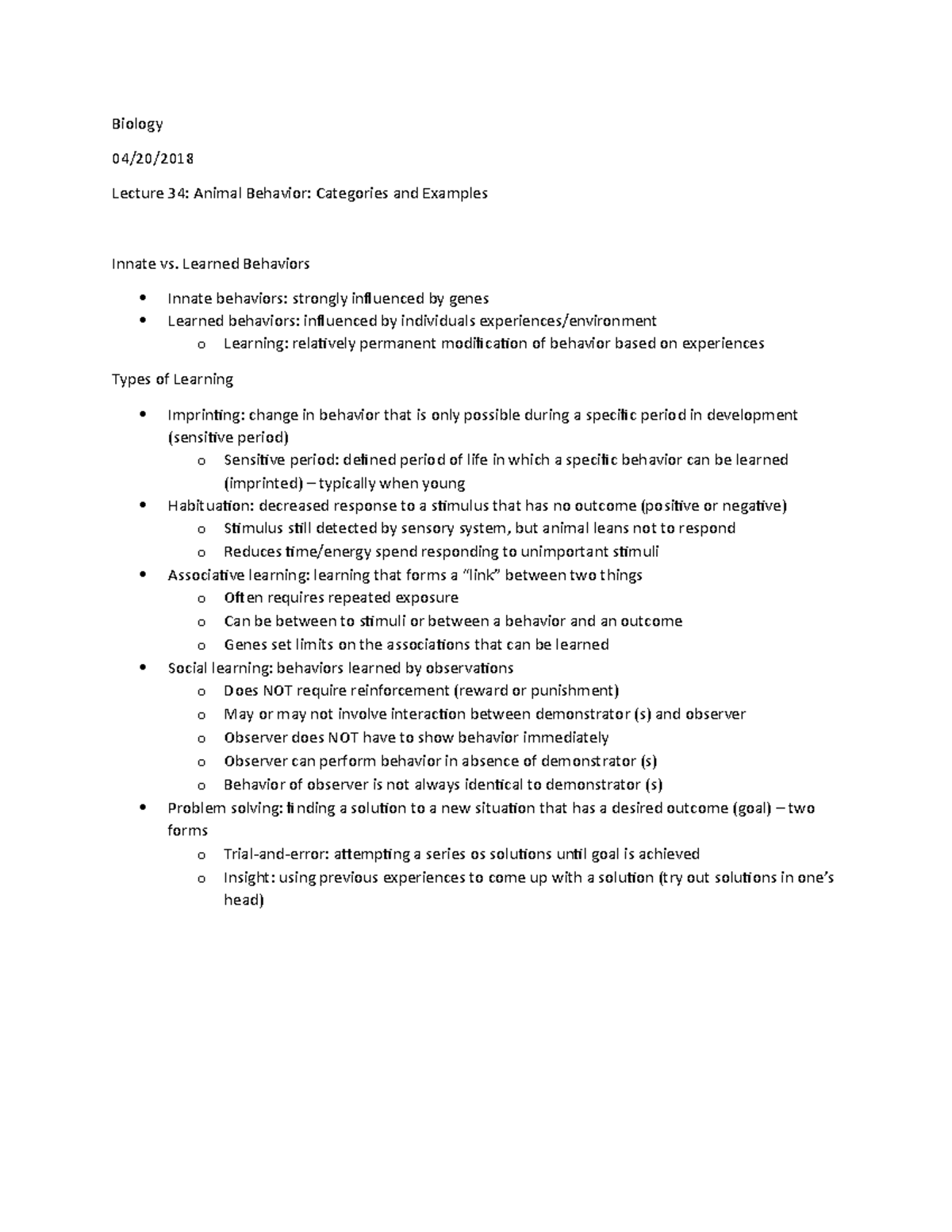 Lecture 34 Animal Behavior Categories and Examples - Biology 04/20 ...