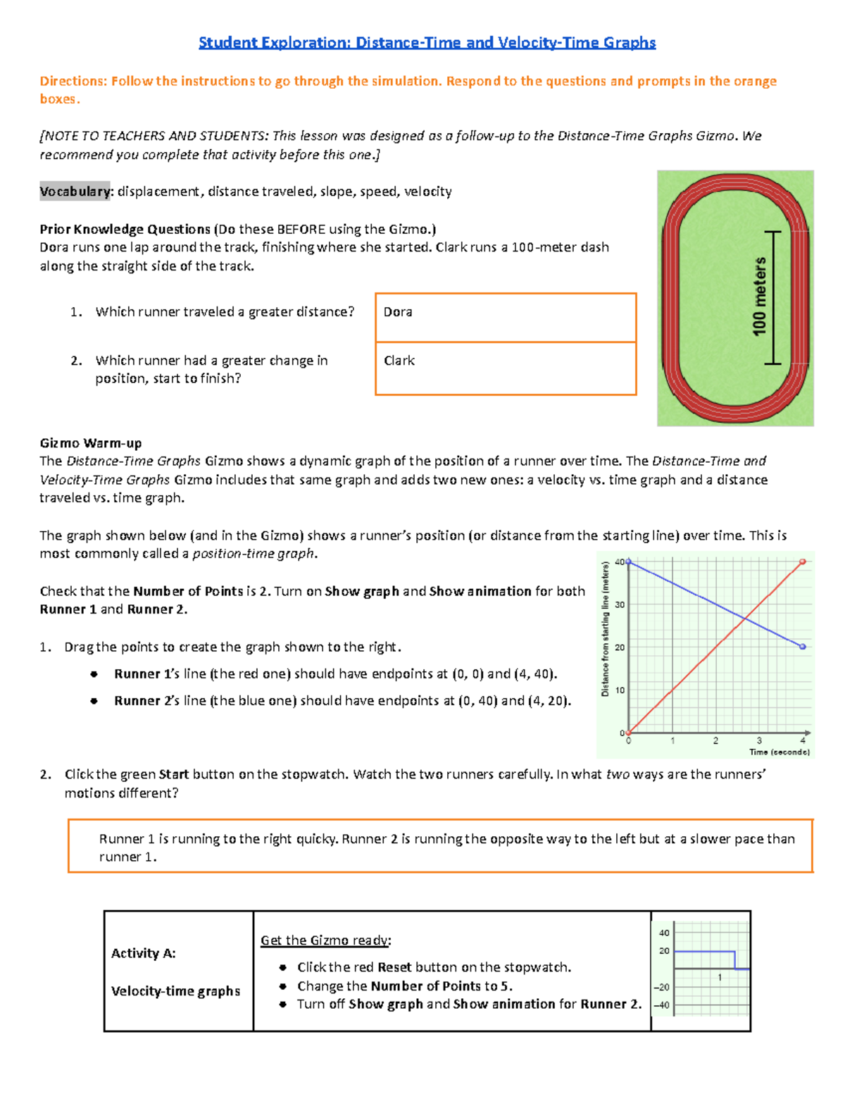 Distance-Time and Velocity-Time graphs - Student Exploration: Distance ...