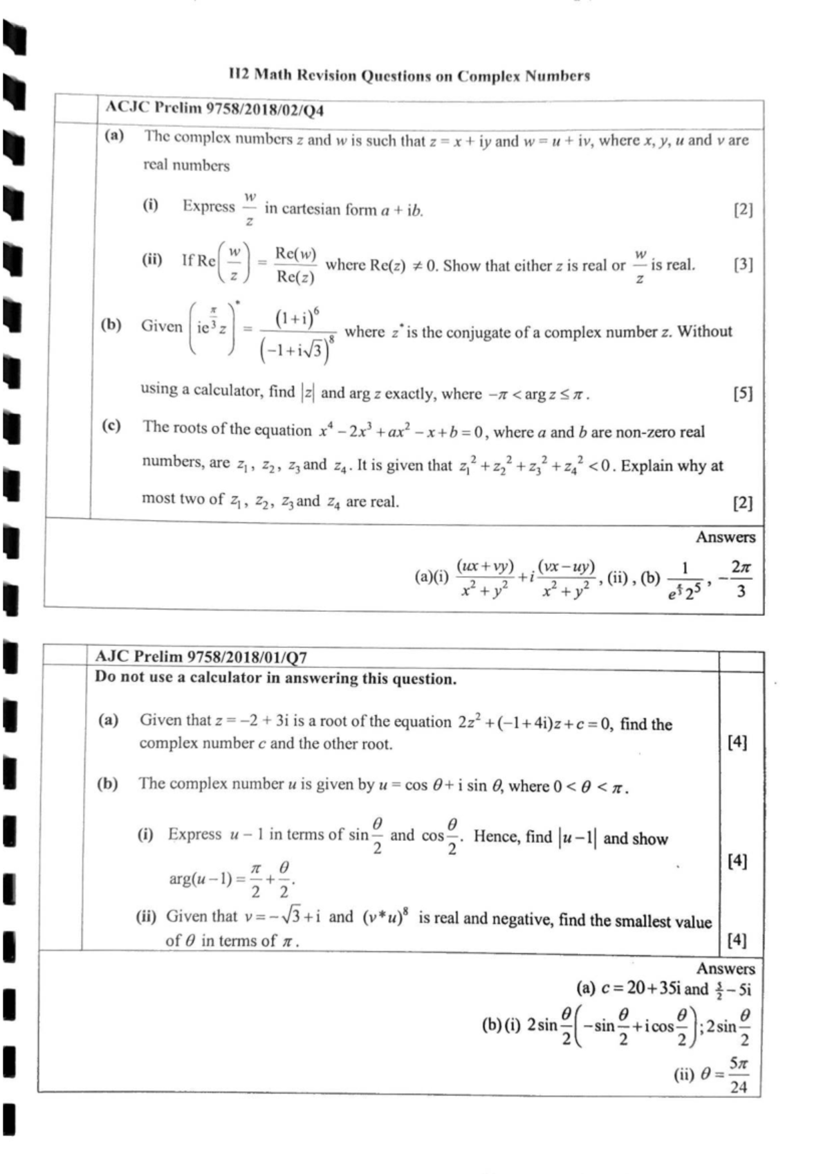 Complex Numbers Practice Questions: ACJC Prelim Revision - Studocu