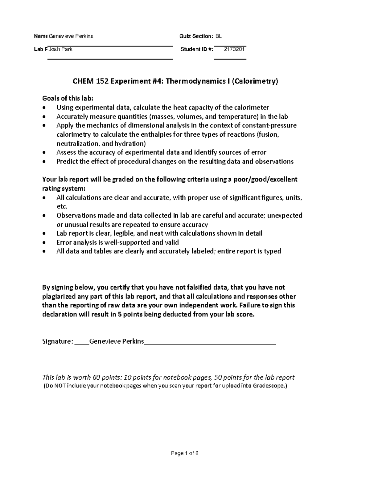 Chem 152 Lab 4 Report Calorimetry Thermodynamics Analysis Studocu