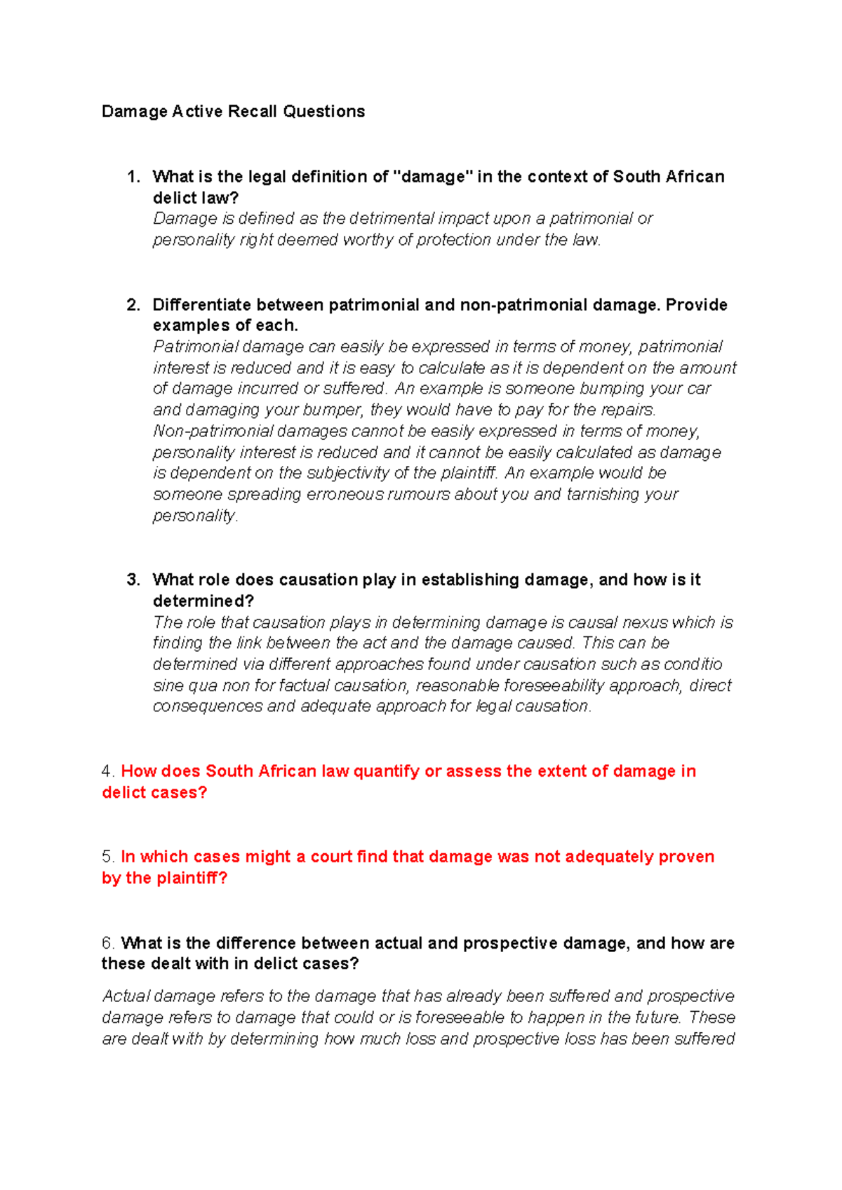 Study Questions & Answers: Law of Delict (Active Recall) - Studocu
