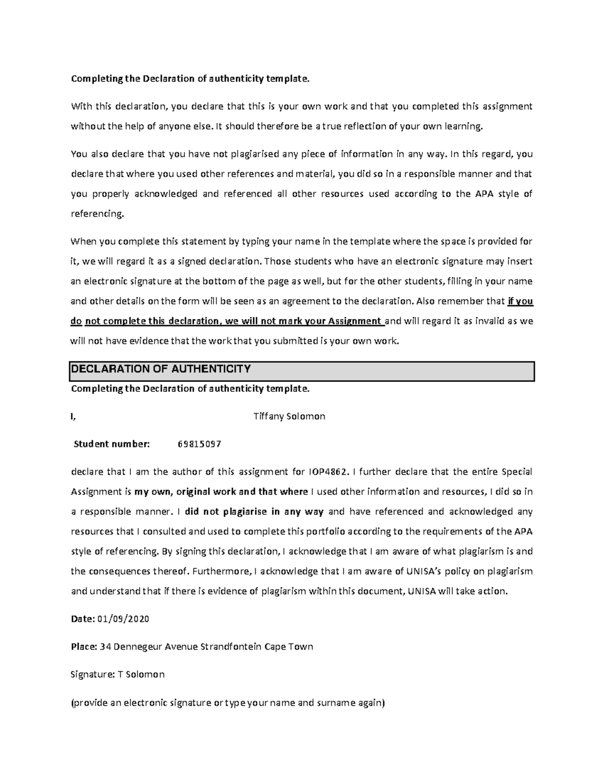 Assignment 2 for IOP4861 - Completing the Declaration of authenticity ...