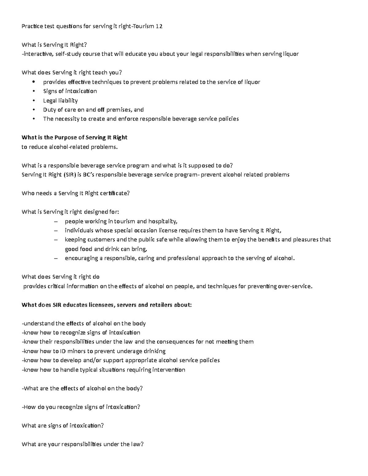 Practice Test Questions for Serving It Right - Tourism 12 - Studocu