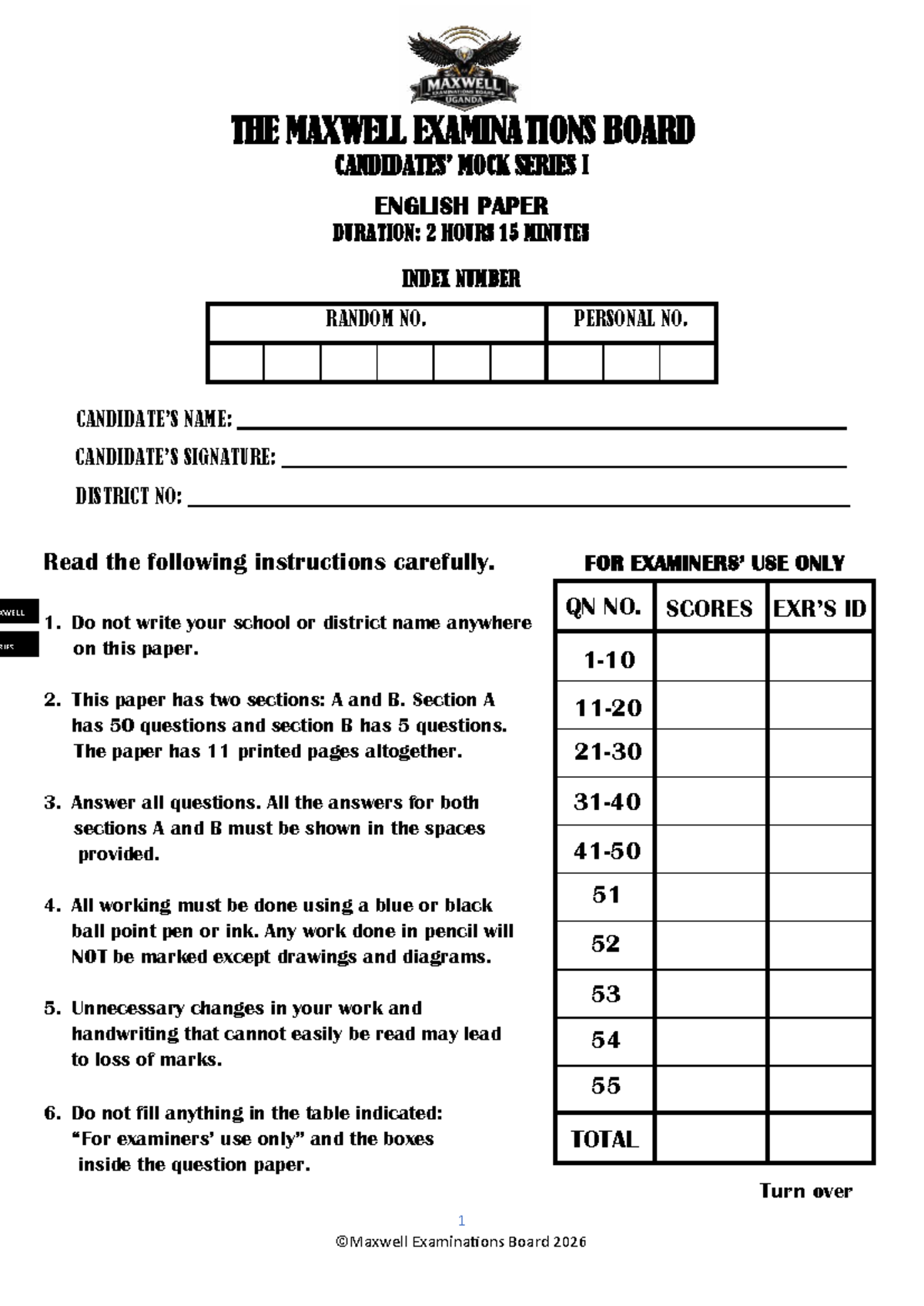 English MOCK I 2026 - Maxwell Examinations Board Paper - Studocu