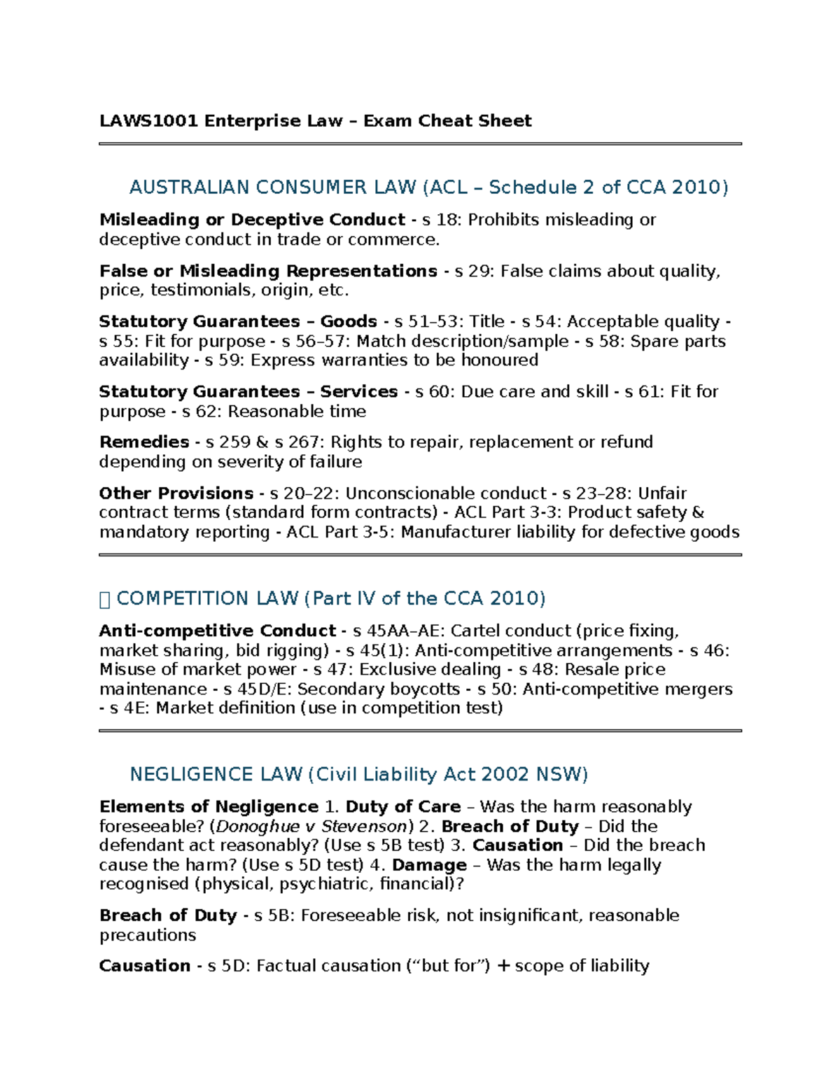 LAWS1001 Enterprise Law Exam Cheat Sheet: ACL & Negligence Overview ...